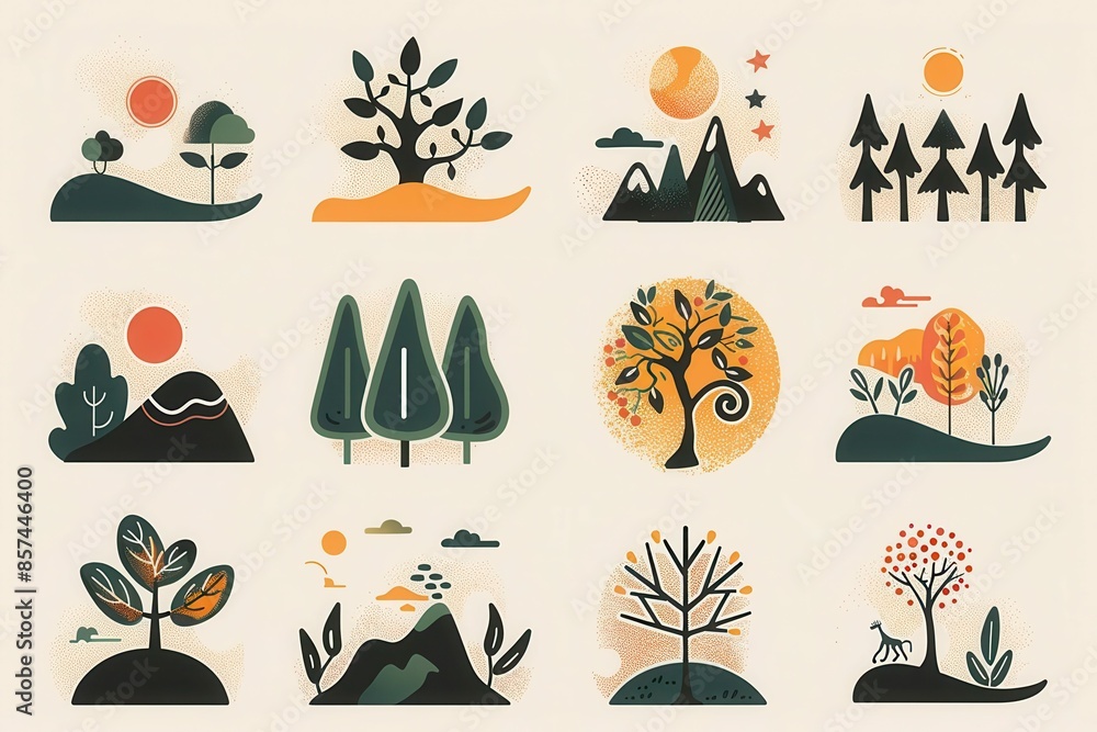 zesty orange retro nature emblems with whimsical illustrations of sun ...