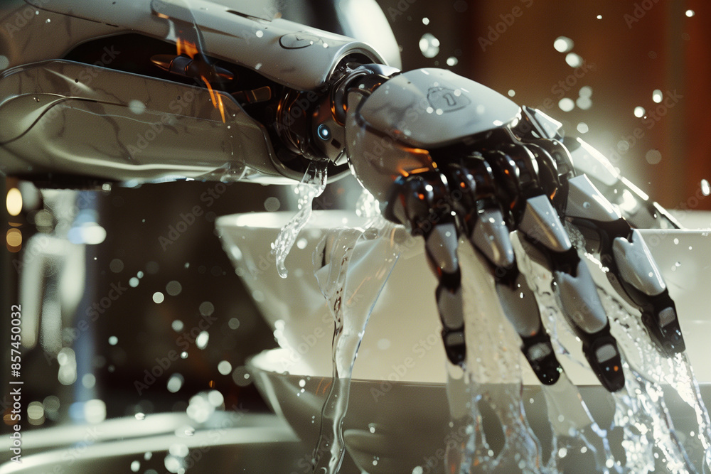 Humanoid robot hand washing dishes. Smart AI robot doing household ...