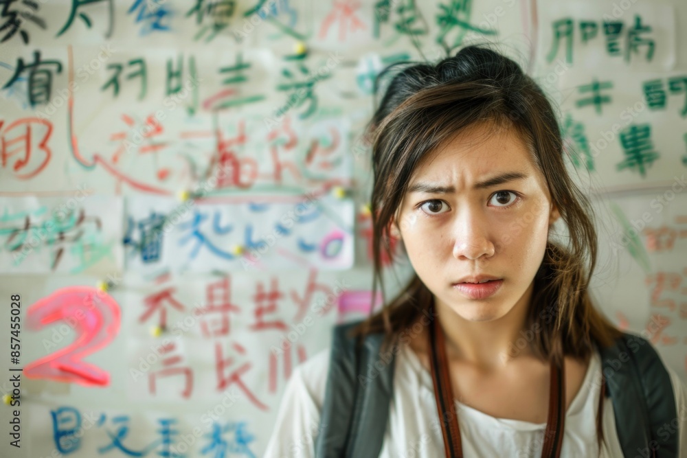 A young woman stares intently at the camera, a look of concern etched ...