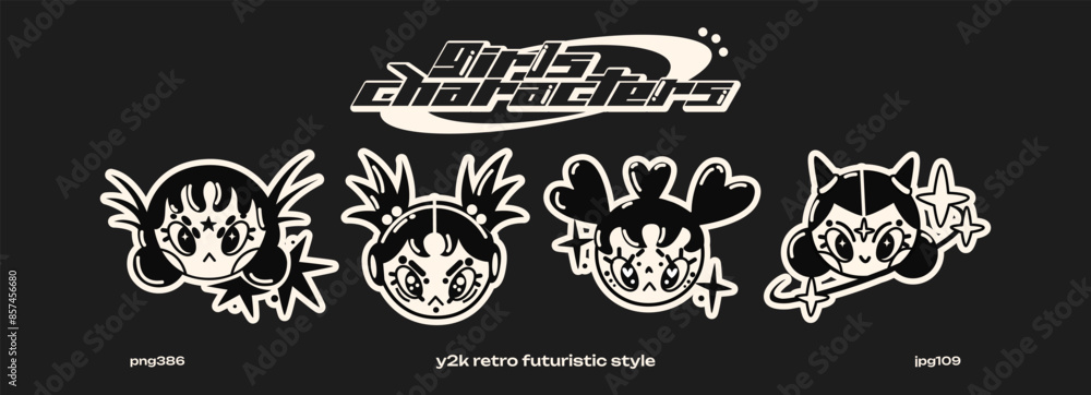Retro cartoon girls heads characters in the y2k style. Cyber Girls with ...
