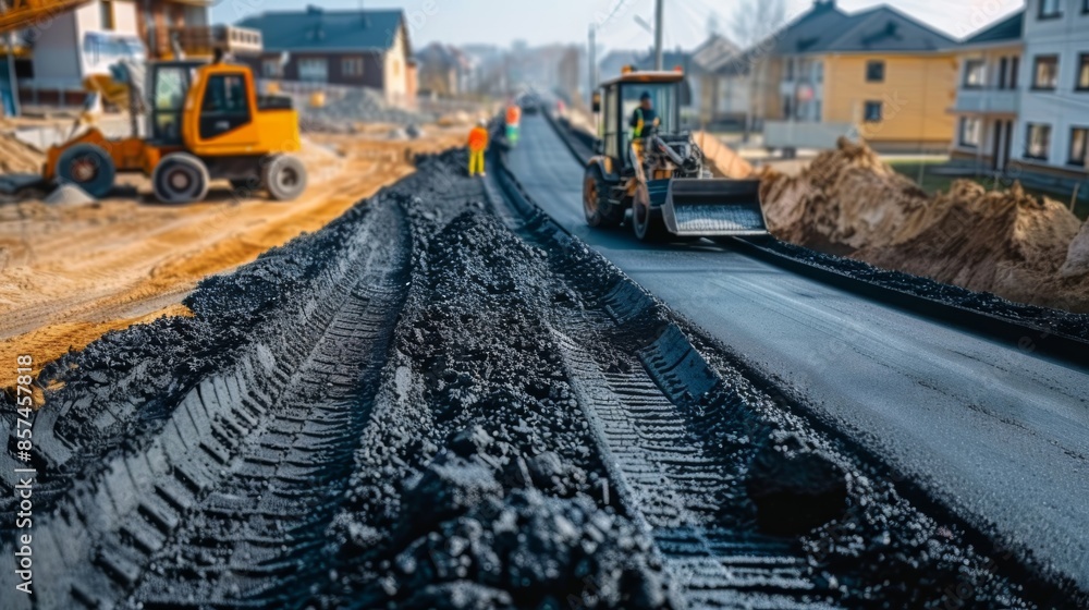 Construction site of road in residential area. Worker are laying new ...
