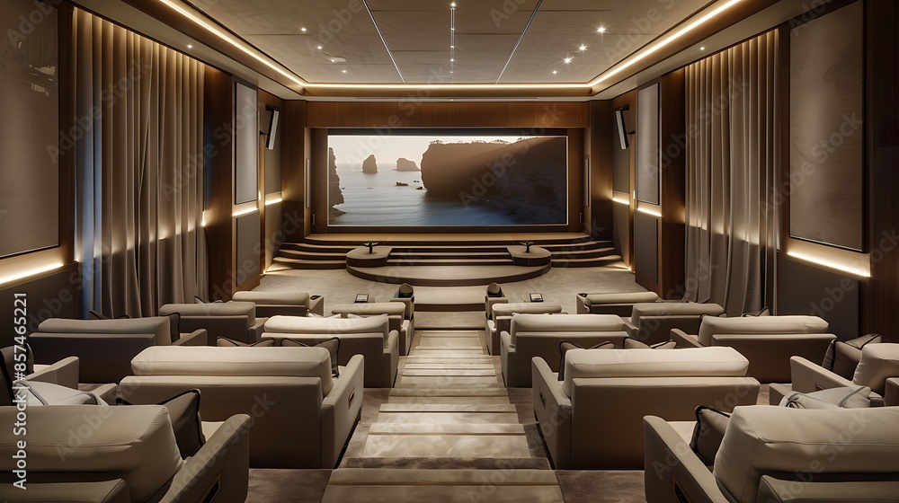 luxe cinema room designed with tiered seating, plush recliners, and an ...