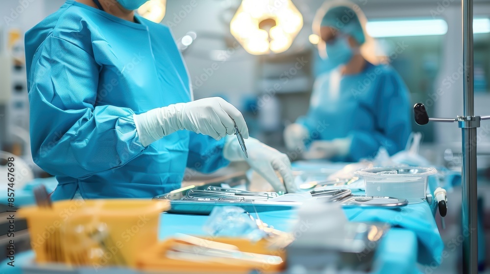 A surgeon in blue surgical scrubs, mask, and gloves arranges various ...