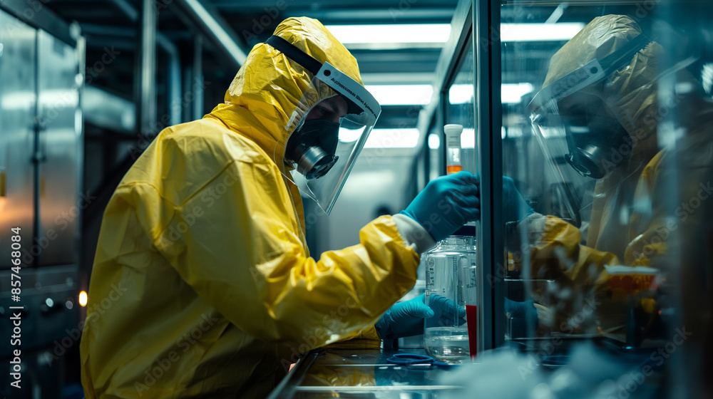 A worker's concentrated effort in managing hazardous materials inside a ...