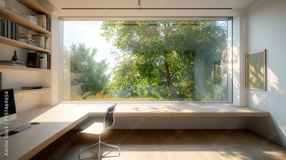 minimalist home office with a custom-built floating desk, recessed ...