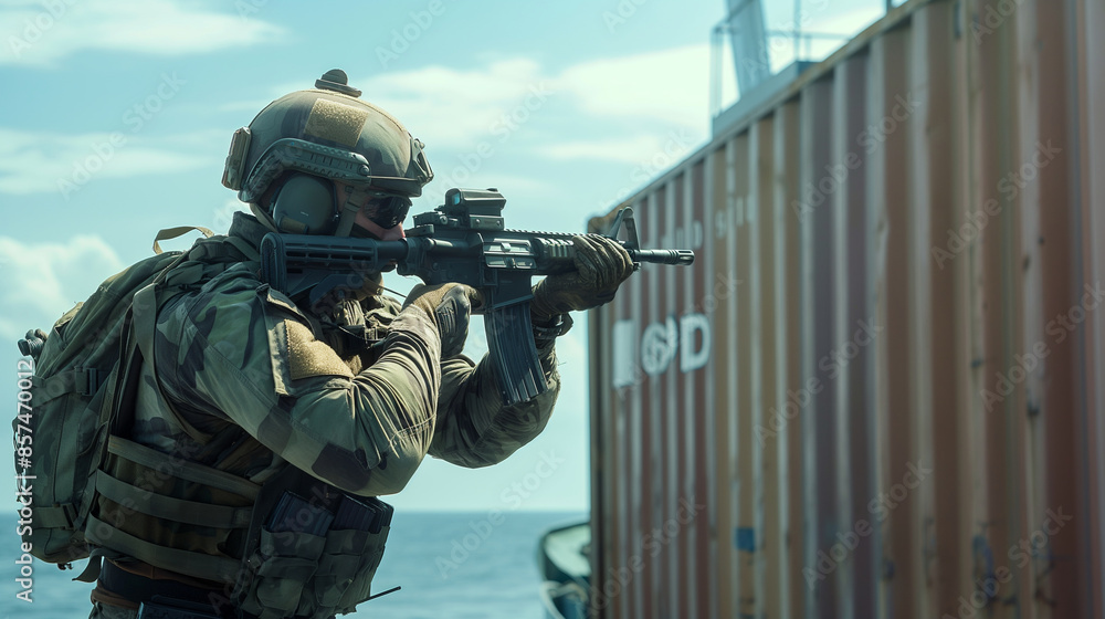 Witness the dedication of a soldier on duty, positioned on a modern ...