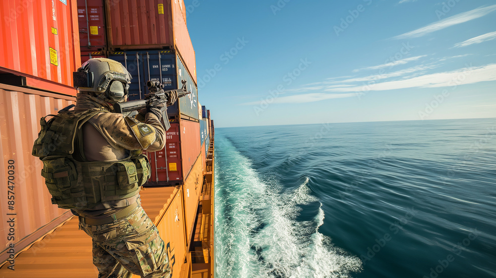 See the soldier's watchful presence on a modern container ship at sea ...