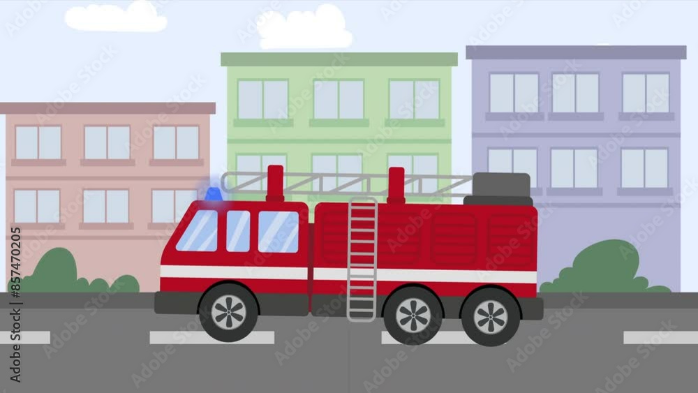 Cartoon style animated fire truck with flashing lights on moving on the ...