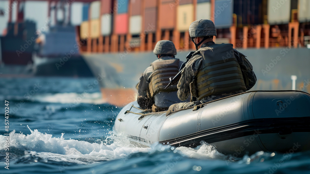 Experience soldiers in uniform, armed and resolute, sailing on a small ...