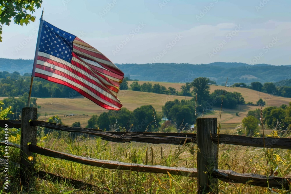 The American flag is waving in the wind over an idyllic countryside ...