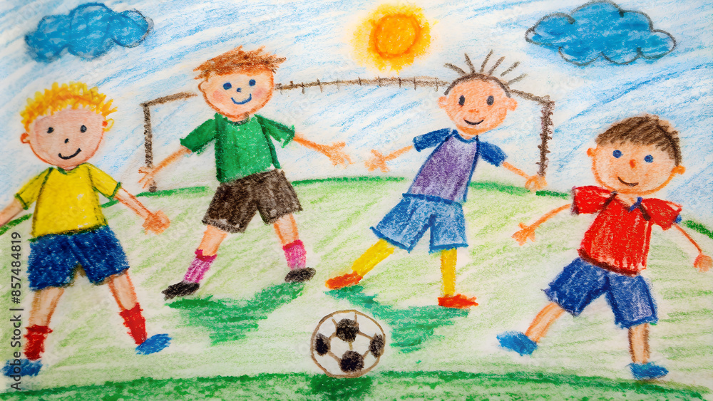 children's drawing with wax crayons of football players playing in the ...