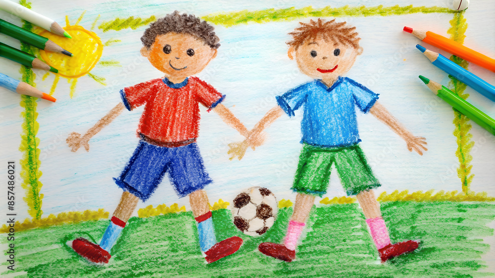 children's drawing with wax crayons of football players playing in the ...