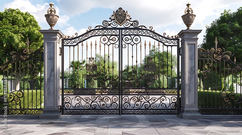 exquisitely detailed wrought iron gate at the entrance of a luxury ...