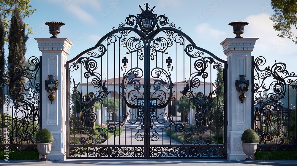 exquisitely detailed wrought iron gate at the entrance of a luxury ...