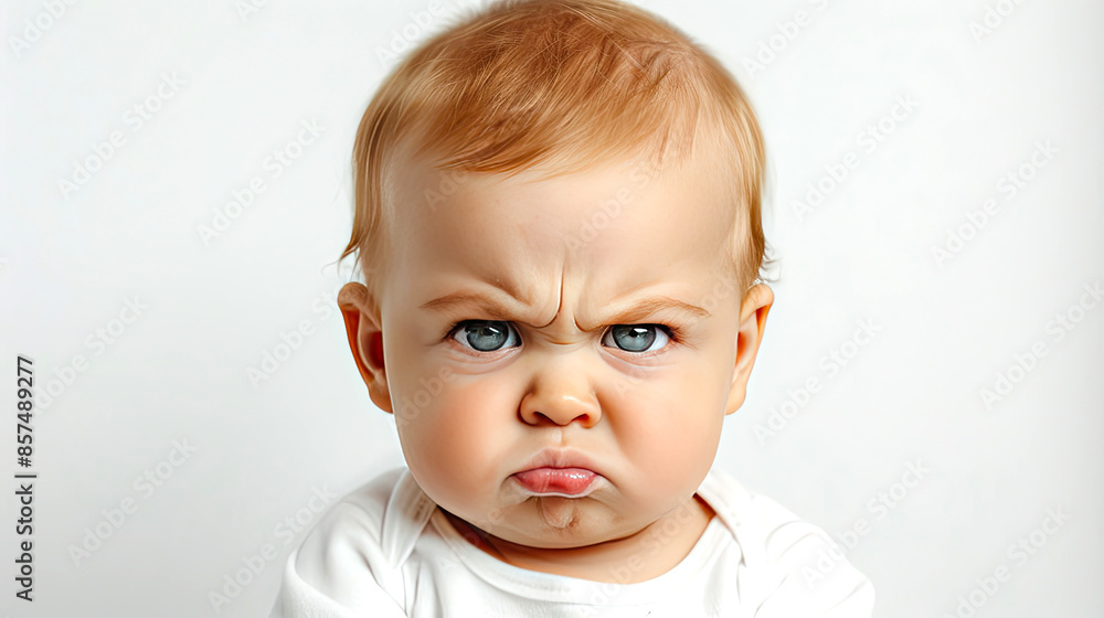 Cute angry baby on white background. Child emotions concept. AI ...