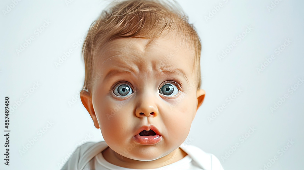 Cute surprised scared baby on white background. Child emotions concept ...