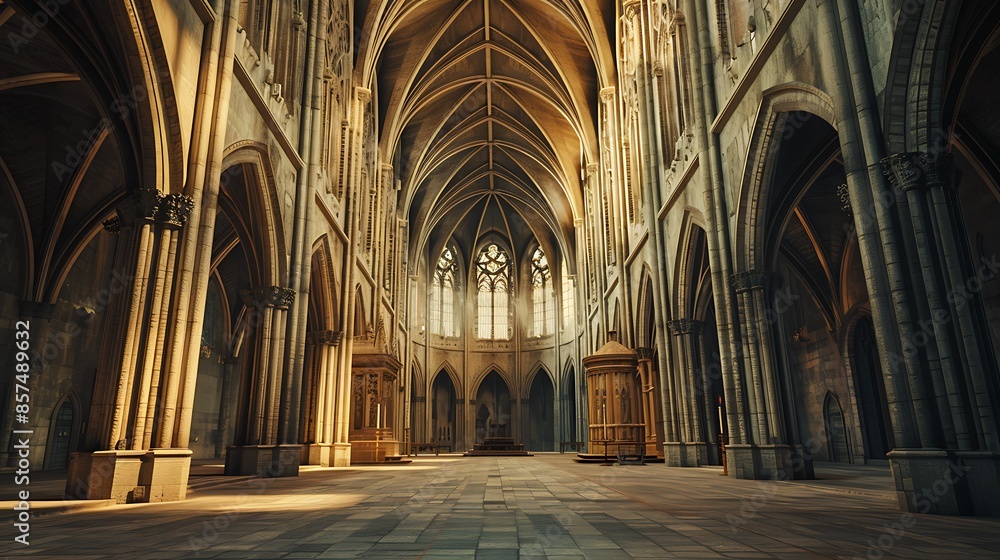 interior shot of a cathedral with pointed arches and soaring ribbed ...