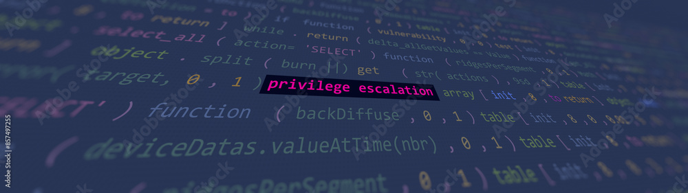 Cyber attack privilege escalation text in foreground screen of code ... Cyber attack privilege escalation text in foreground screen of code ...