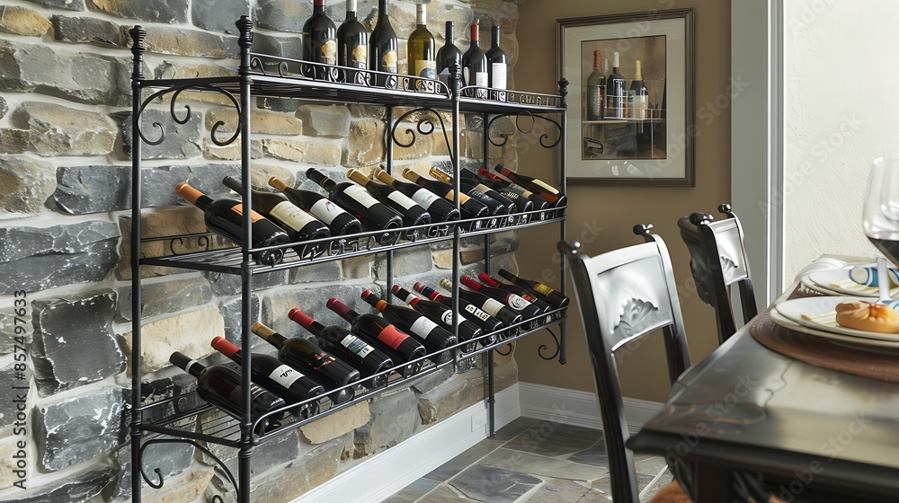 contemporary wine rack made from wrought iron and glass, displaying an ...