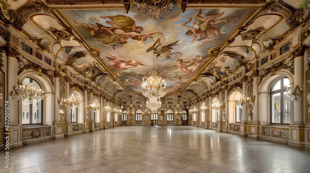 grand ballroom with a ceiling featuring hand-painted frescoes of ...