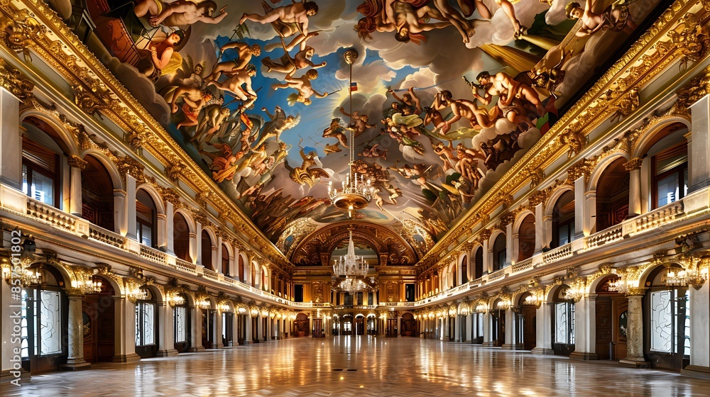 grand ballroom with a ceiling featuring hand-painted frescoes of ...