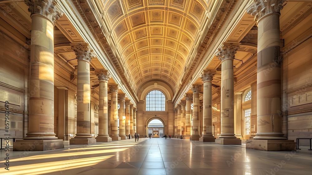 grand hall with a vaulted ceiling and majestic stone columns, echoing ...