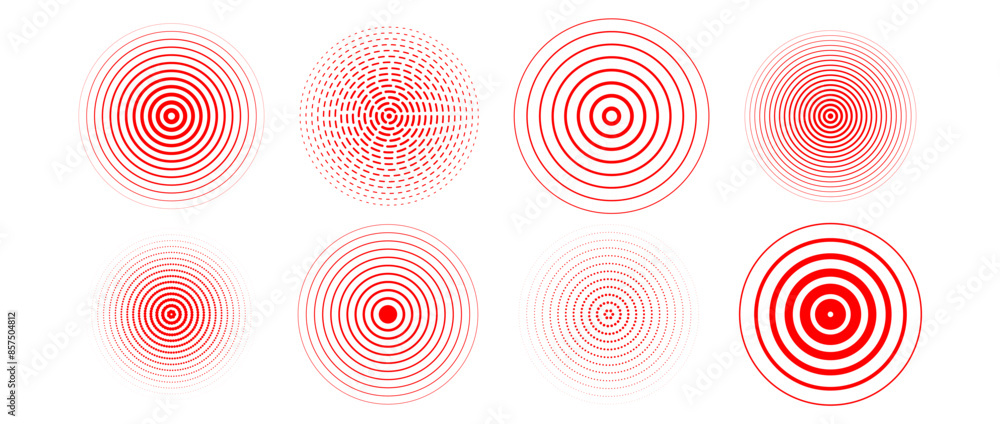 Red concentric circle set. Radial sonar or sound wave ring collection ...