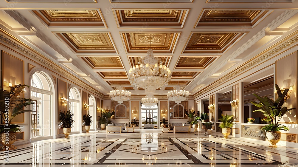 luxury hotel lobby with an intricate coffered ceiling, adorned with ...