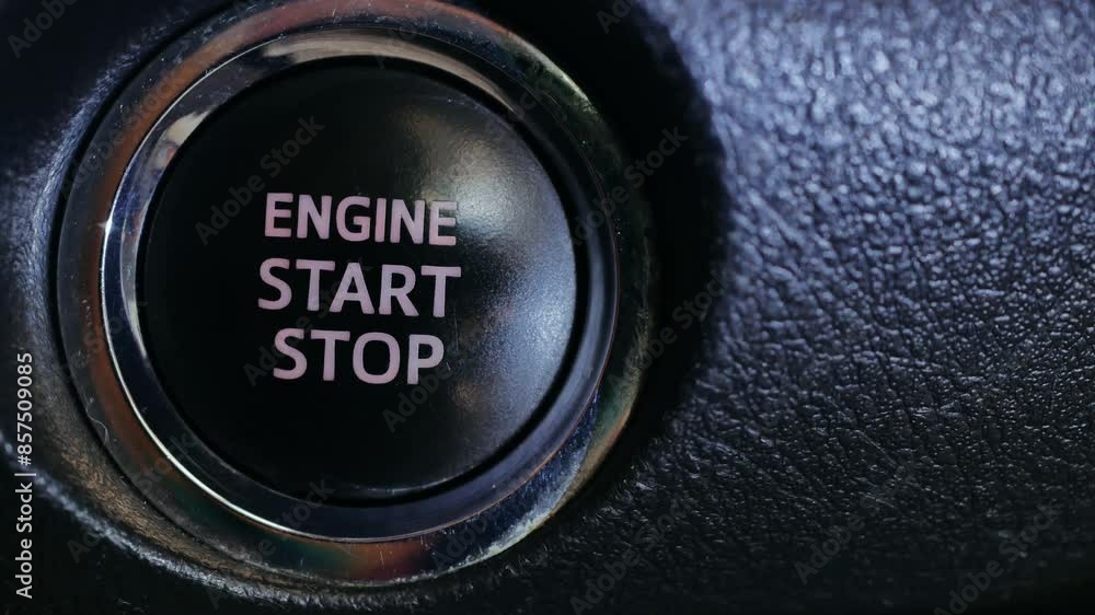 Close-up of finger press pushing start stop button in car. macro hand ...