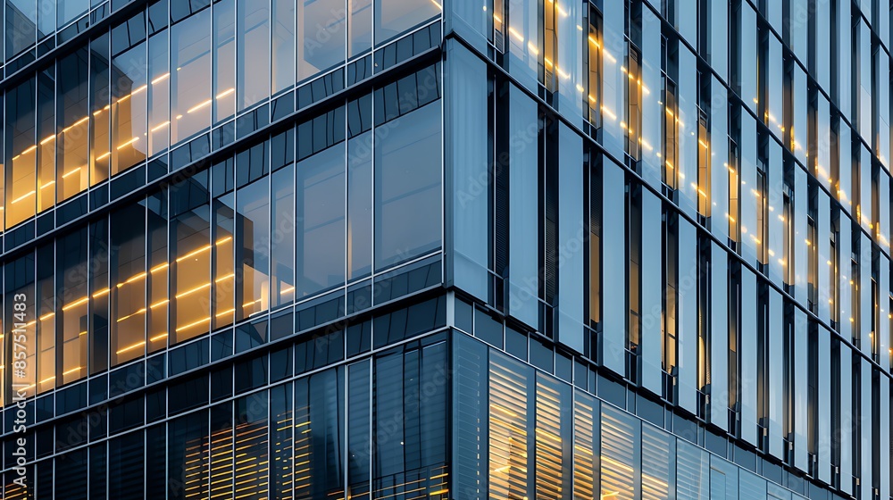 modern office building with a glass curtain wall system, detailed with ...