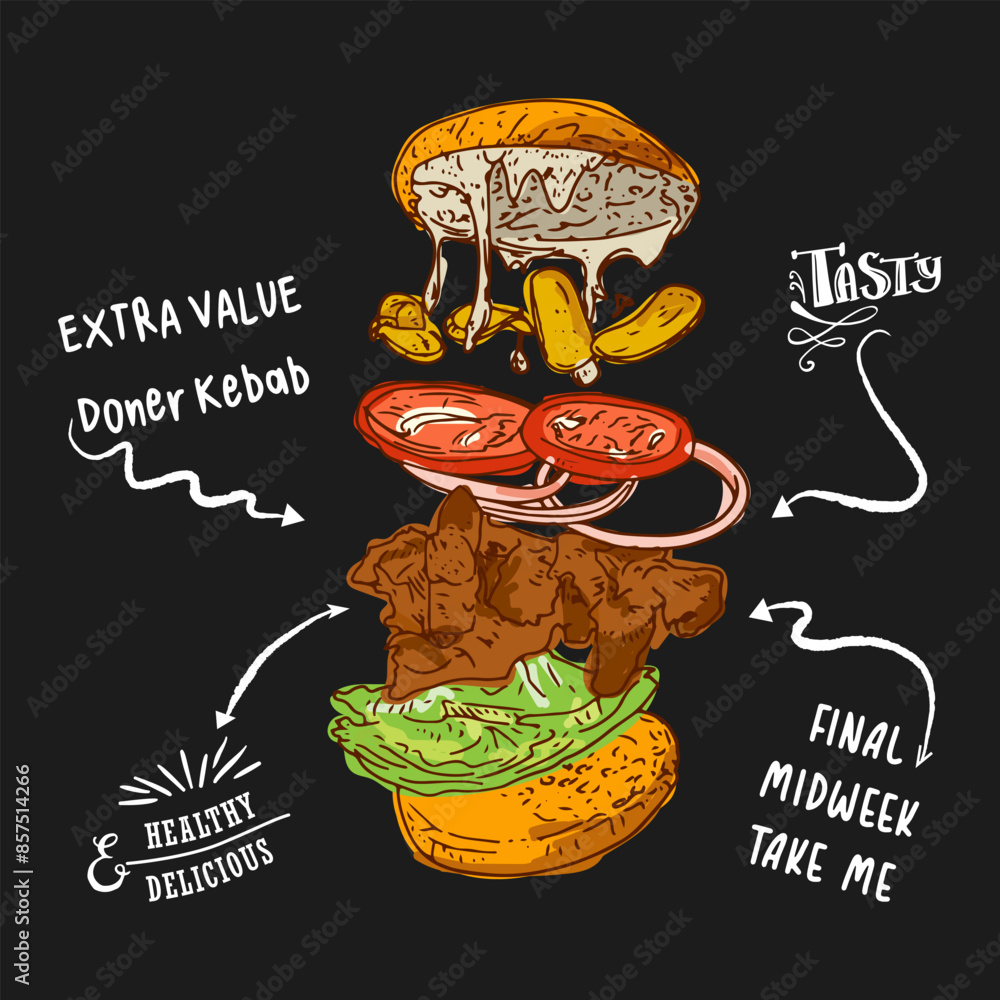 Doner kebab Hand drawn vector illustration. Making doner kebab and ...