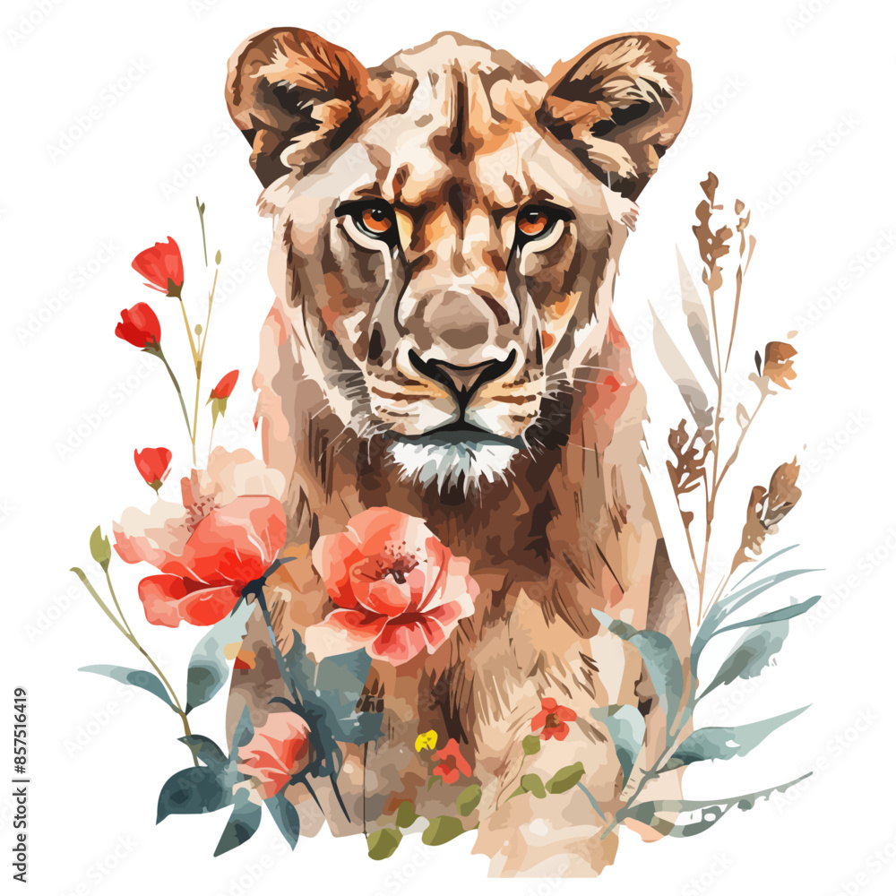 Watercolor vector of a lioness (lion), isolated on a white background ...