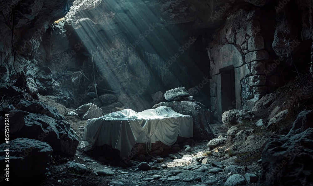 Empty cave. Stone tomb of Jesus Christ. Religion concept. The Biblical ...