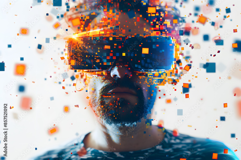 Man wearing VR glasses fragmented by pixels isolated on white ...