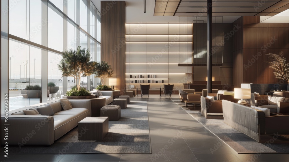 A large, open lobby with a lot of seating and a large window. The room ...