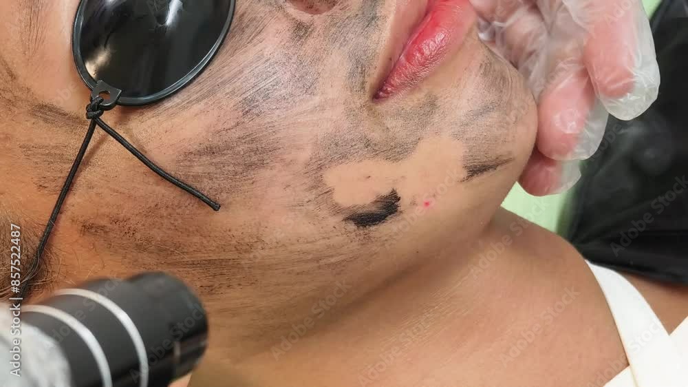 A young asian lady undergoes a laser carbon peel procedure at a skin or ...