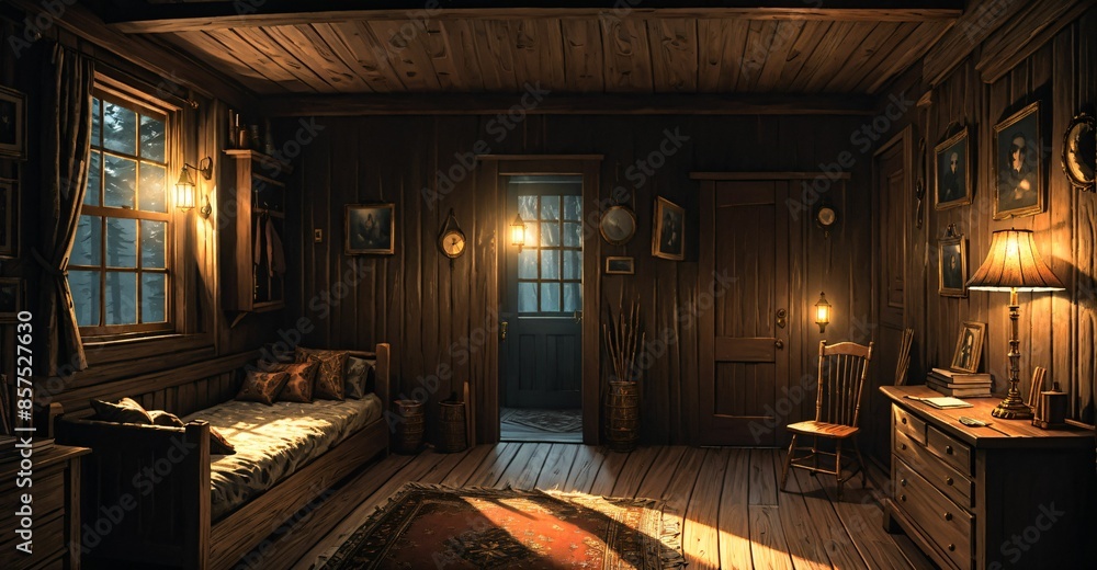 interior of modern cabin bed room in secluded forest woods. interior ...