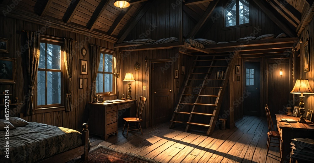 interior of modern cabin bed room in secluded forest woods. interior ...