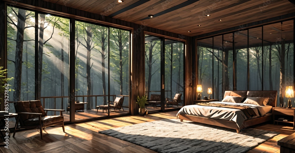interior of modern cabin bed room in secluded forest woods. interior ...