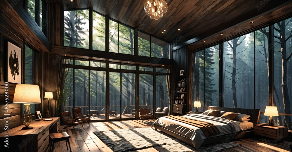 interior of modern cabin bed room in secluded forest woods. interior ...
