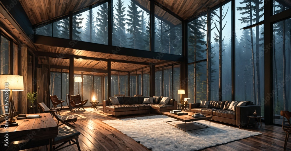 interior of modern cabin living room in secluded forest woods. interior ...