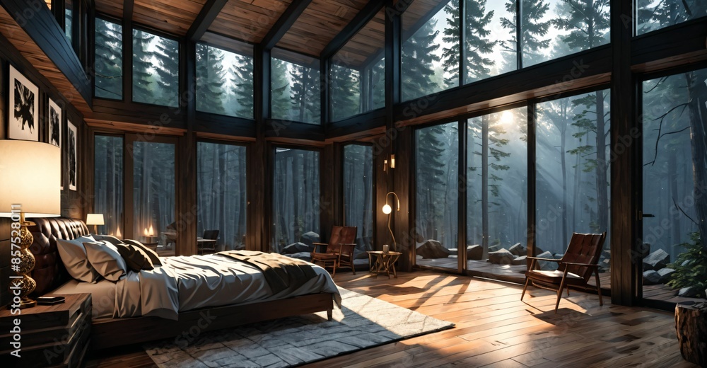 interior of modern cabin bed room in secluded forest woods. interior ...