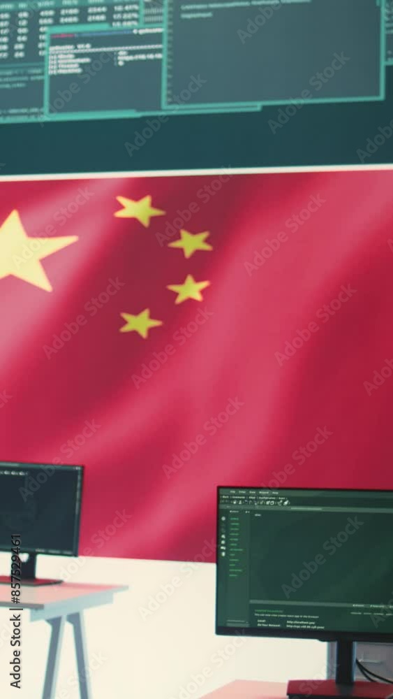 Vertical Video Empty Governmental Hacking Room With Chinese Flag On A Big Screen Cyberwarfare