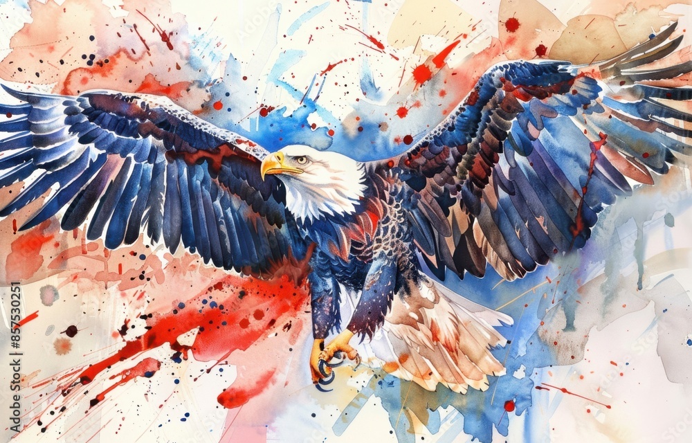 Watercolor bald eagle, red white and blue color palette, splatter ...