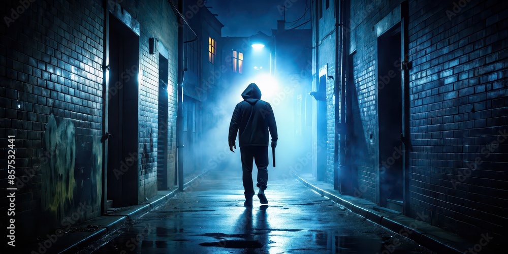 Dark and creepy silhouette of a killer in a abandoned alleyway at night ...