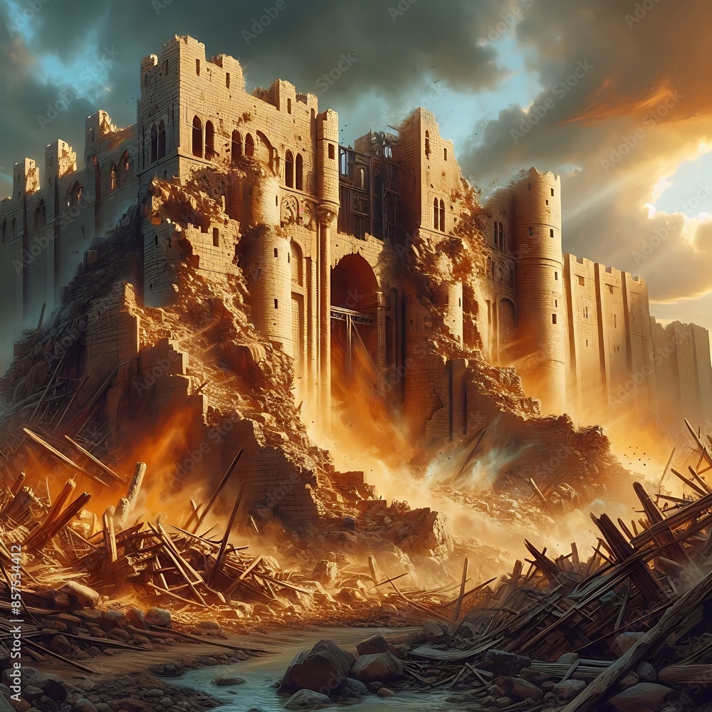 Destruction of Jericho. Crumbling medieval castle fort walls. Biblical ...