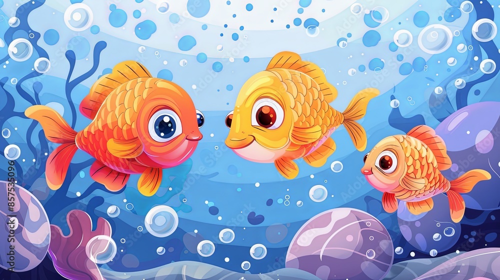 This image features three cute, colorful fishes with expressive eyes ...