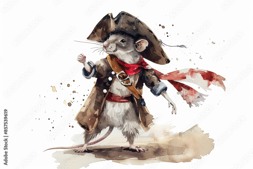 Watercolor illustration of a mouse dressed as a pirate, a pirate theme ...