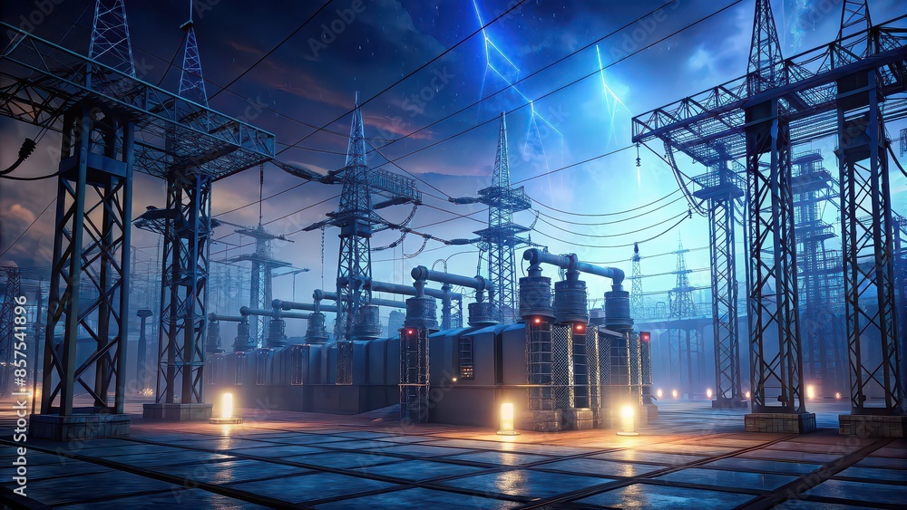 Image of a power distribution station with transformers and high ...