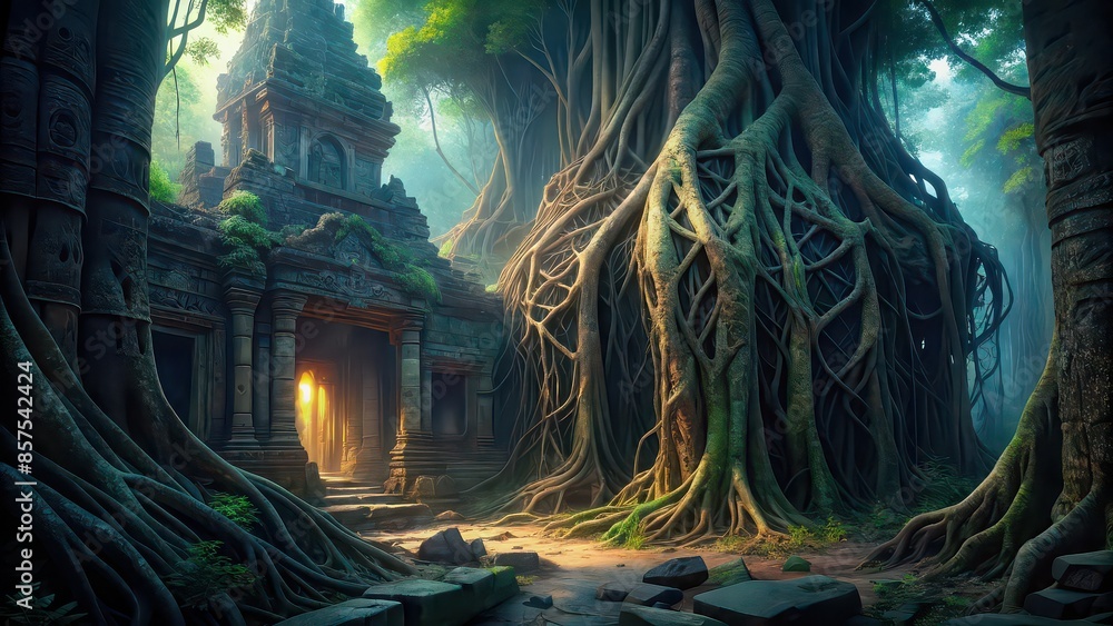 Giant tree roots growing over ancient ruins of Ta Prohm temple in ...
